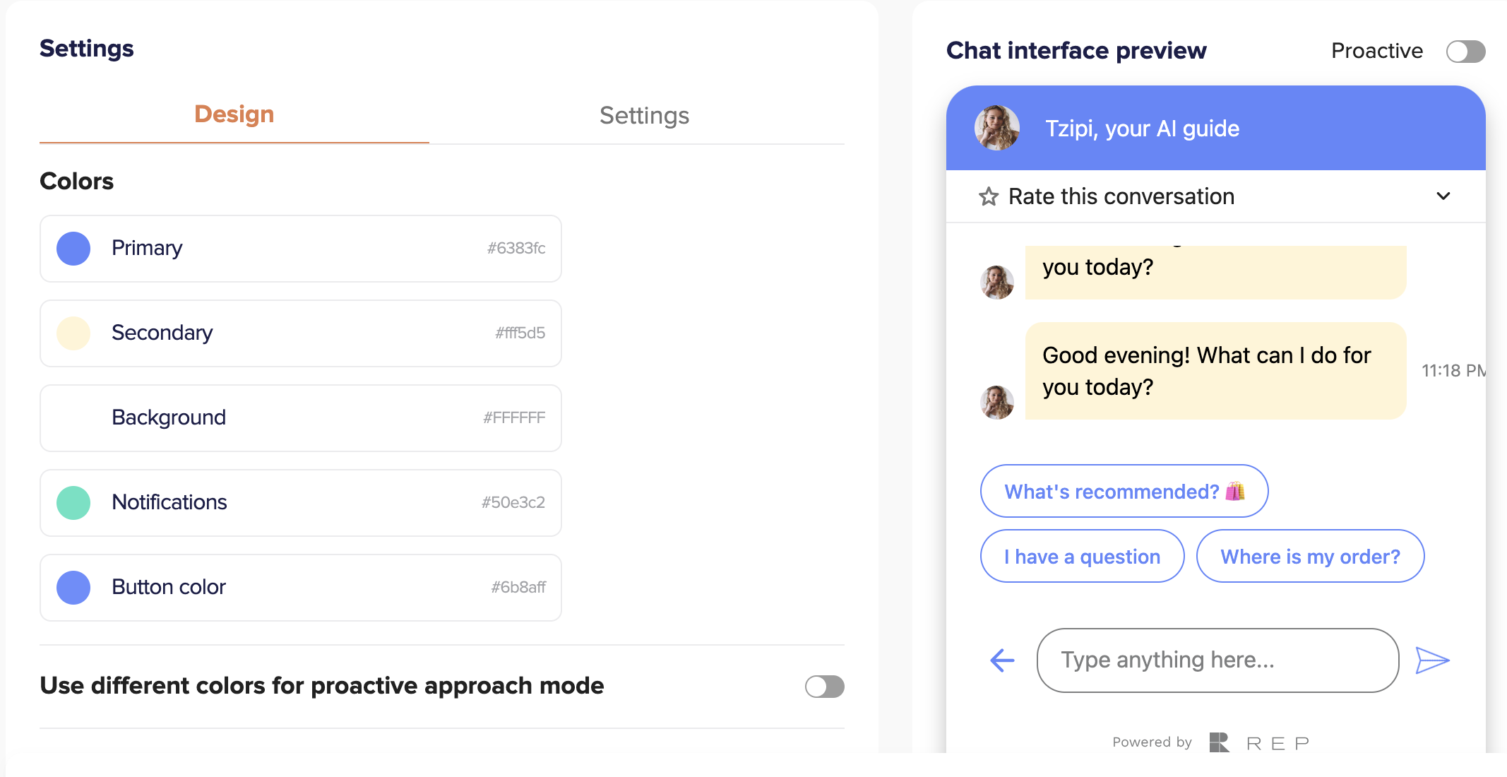 Change the colors and position of the Rep widget – Rep AI - Help